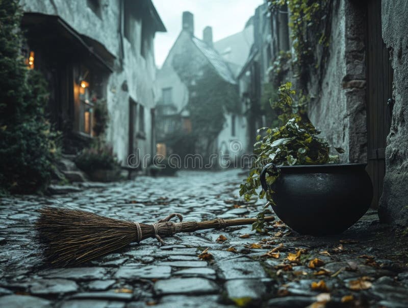 Cobblestone Street with a Witch S Broom and Cauldron Stock Illustration ...