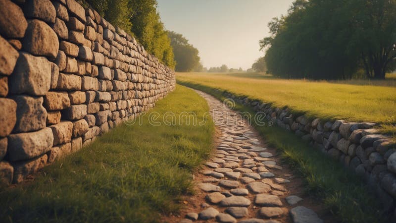 Cobblestone Wall and Walking Path in a Grassy Field. Stock Illustration ...