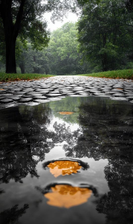 Reflections in a Puddle on a Cobblestone Path Surrounded by Trees Stock ...