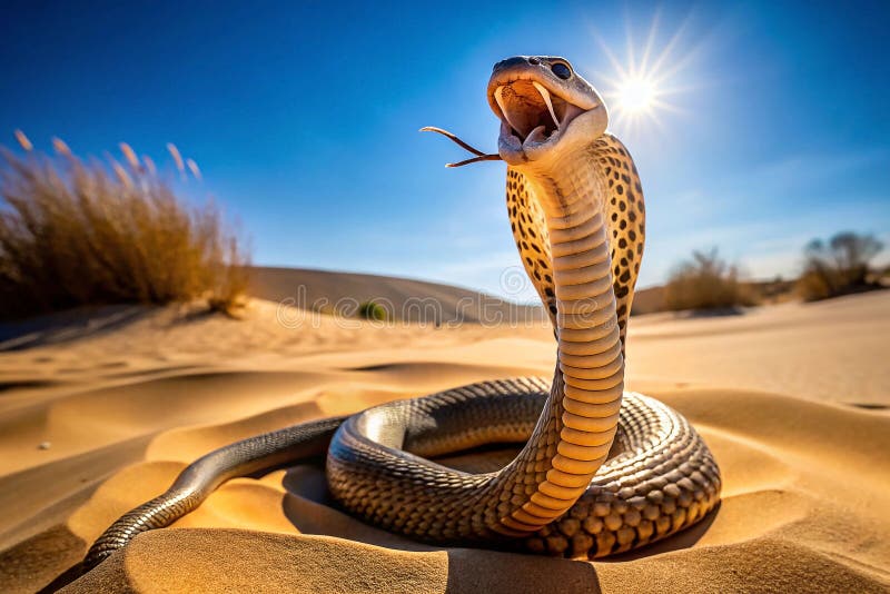 Cobra in Desert Sand, Sun, Attacking Posture. Possible Use Nature ...