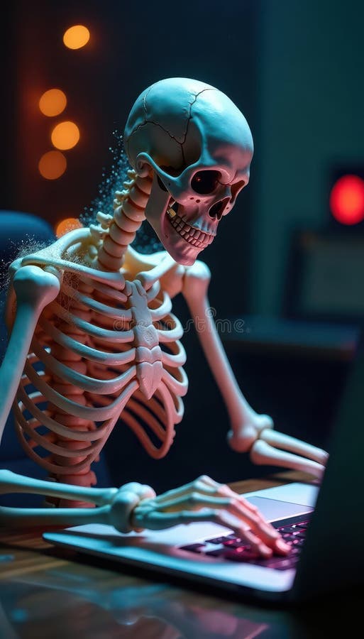 Cobweb Draped Skeleton Diligently Working at Laptop, Progress Bar ...