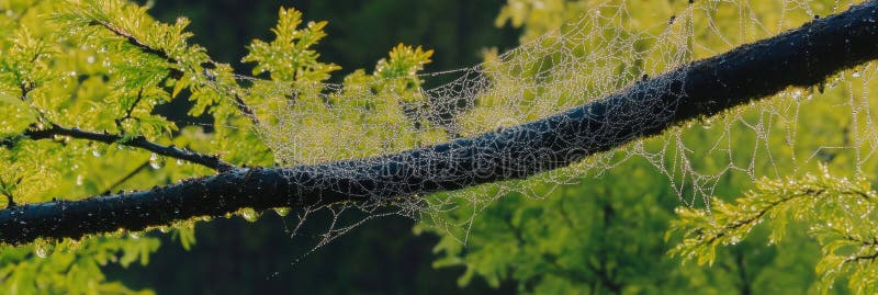 Cobweb on Tree Branch with Dew in a Lush Green Forest Setting Stock ...
