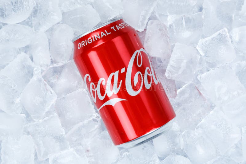 Coca Cola Coca-Cola in a Can Lemonade Soft Drink on Ice Cubes Editorial ...