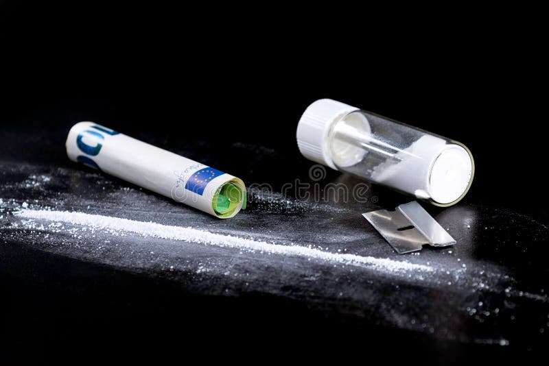 Cocaine Line and Razor Blade on a Black Background Stock Image - Image ...