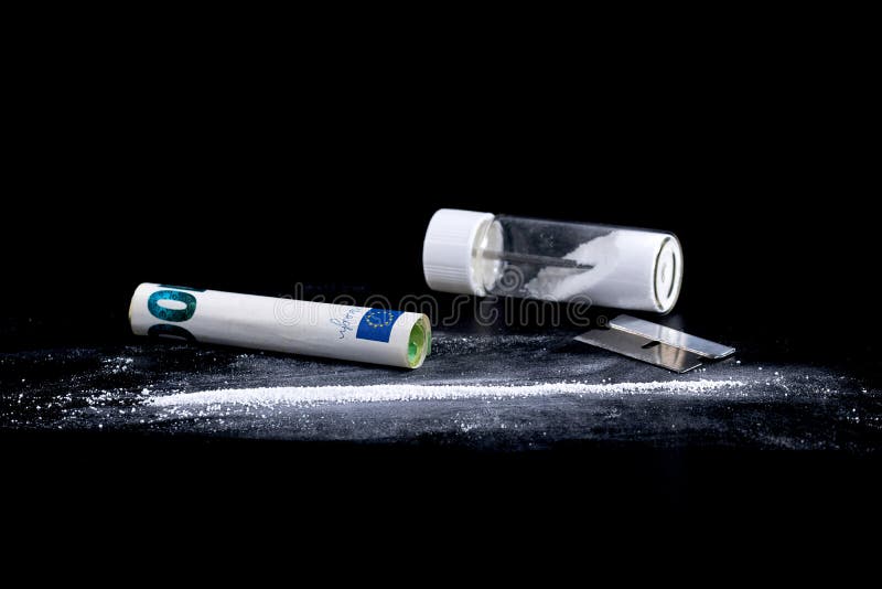 Cocaine Line and Razor Blade on a Black Background Stock Image - Image ...