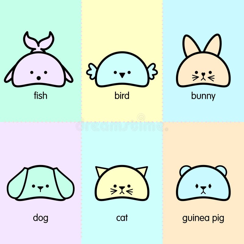 Cute Flat Illustration of Common Household Pets with Block Colors Fish ...