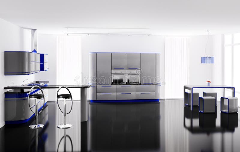 Cocina azul gris 3d stock de ilustración. Ilustración de silla - 12701241