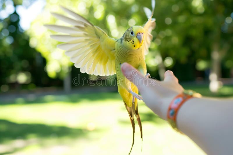 Cockatiel Flying Towards an Outstretched Arm in a Park Stock Image ...