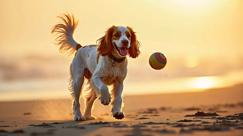 Cocker Spaniel Chasing Ball on a Sandy Beach at Sunset Stock ...