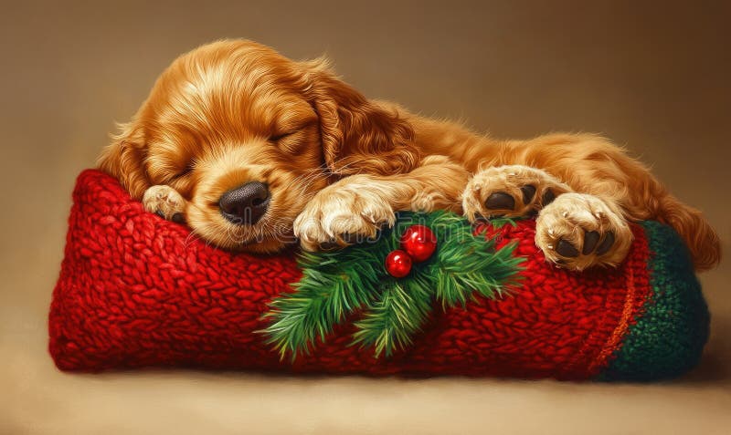 A Cocker Spaniel Puppy Curled Up in a Red and Green Christmas Stocking ...