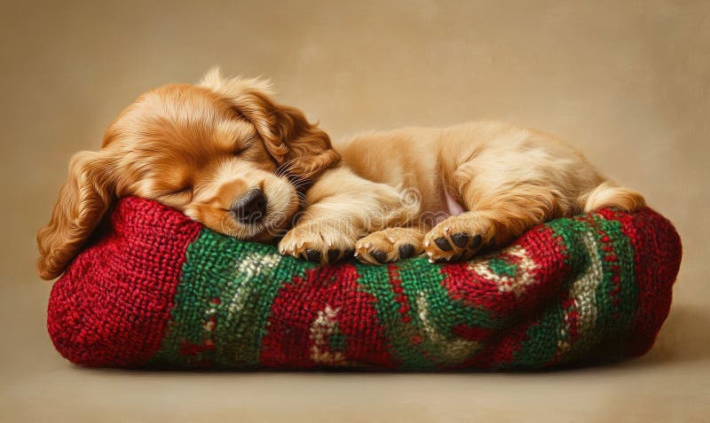 A Cocker Spaniel Puppy Curled Up in a Red and Green Christmas Stocking ...