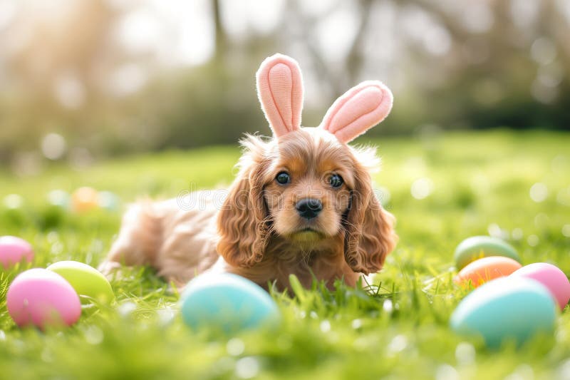 Cocker Spaniel Puppy with Easter Bunny Ears Lying on the Grass with ...