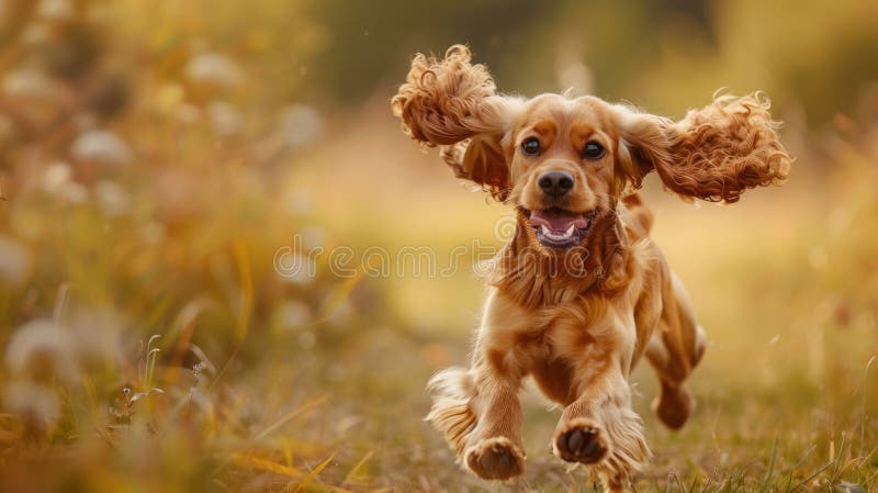 A Cocker Spaniel Running Energetically through a Field, with Its Ears ...