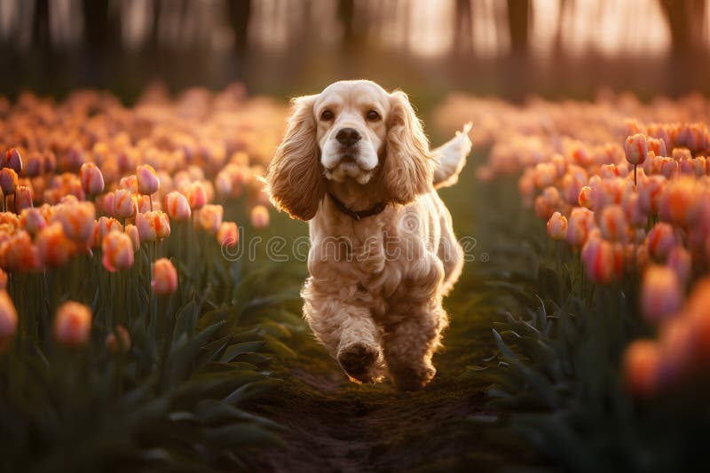 Cocker Spaniel Runs through the Field with Tulips. Stock Illustration ...