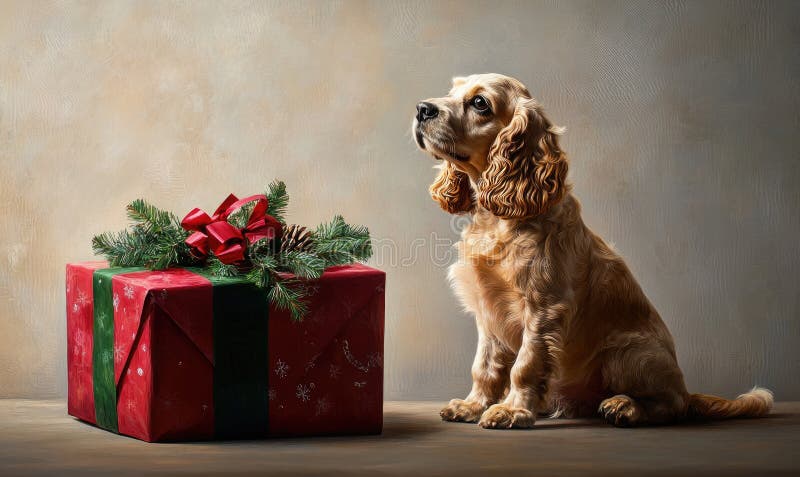 A Cocker Spaniel Sitting in Front of a Red and Green Christmas Present ...