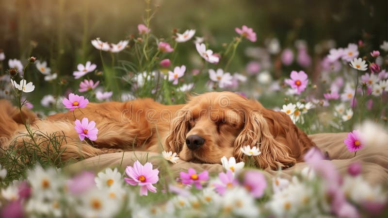 Cocker Spaniel Sleeping in Cosmos Flower Field Stock Illustration ...