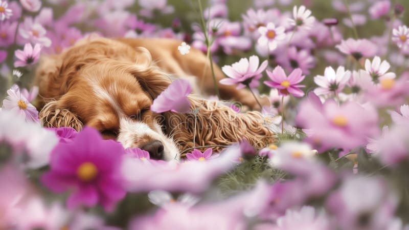 Cocker Spaniel Sleeping in Cosmos Flower Field Stock Illustration ...