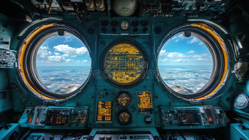 A Cockpit of an Aircraft with Large Circular Windows, Offering a ...