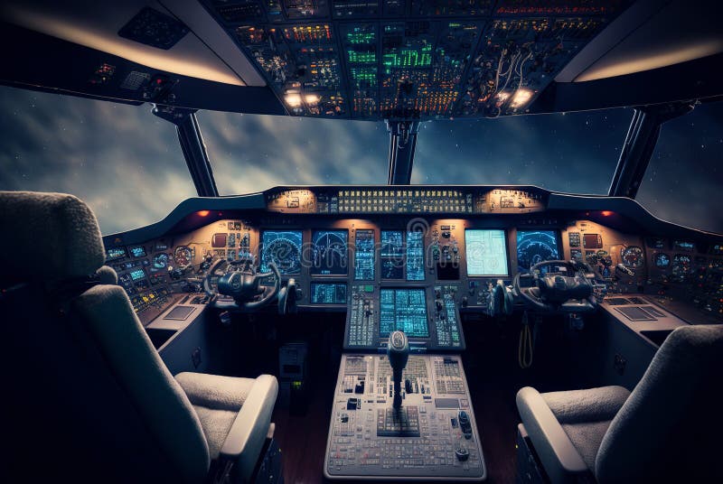 Cockpit of Airplane Inside View, Flight Deck of Modern Aircraft ...