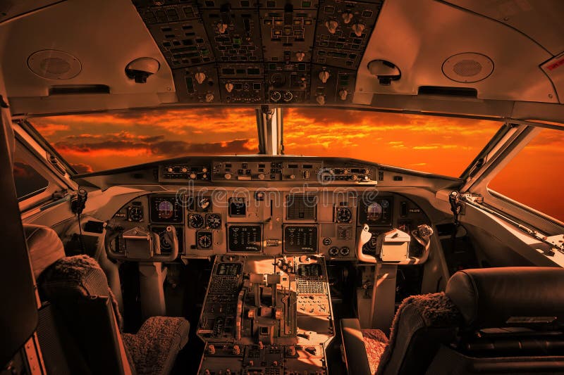 Cockpit of the Airplane with Sunset Sky Stock Image - Image of airport ...