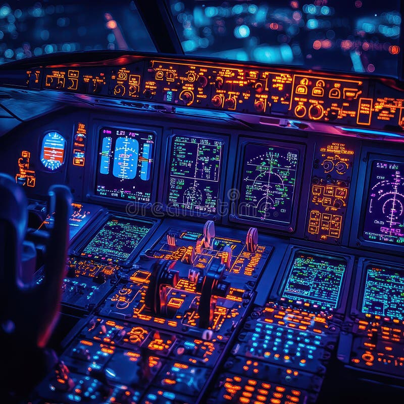 Cockpit Dashboard with Illuminated Controls and Navigation Displays ...
