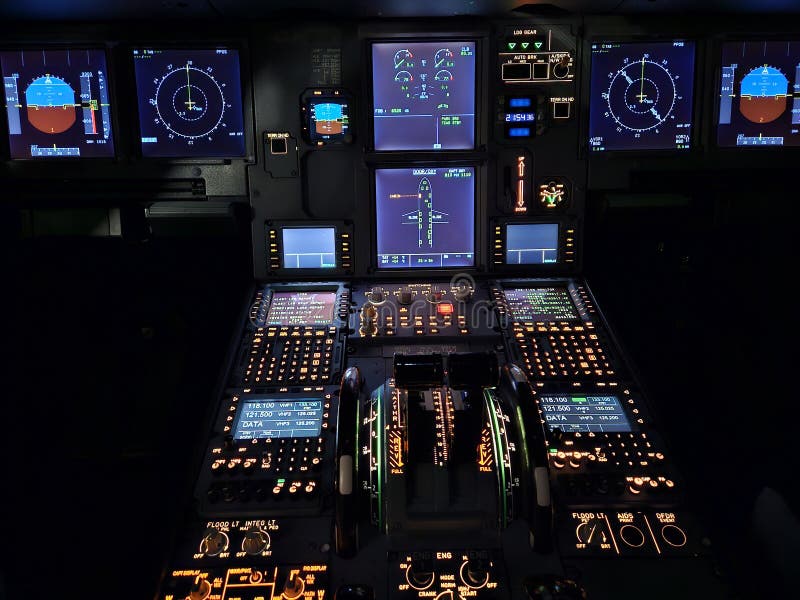 Cockpit Flight Deck. a Night Shot of Airbus Jet Airplane Cockpit, A320 ...