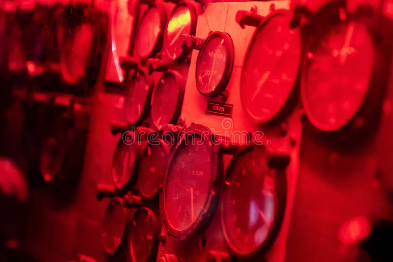 Cockpit Instrument Panel Inside Vietnam Era Helicopter with Red Light ...