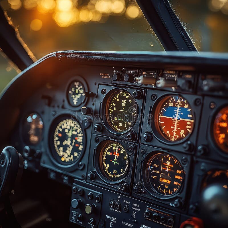Cockpit Instruments and Controls with Sunset Background View Stock ...