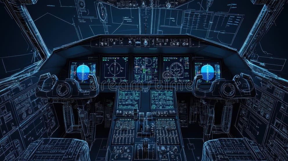 Cockpit Interior Featuring Blue Lights and Control Panels in a Modern ...