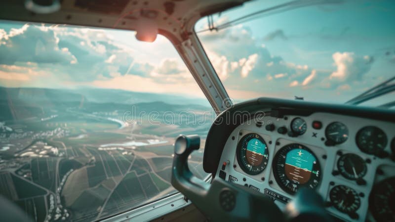 Cockpit Interior of a Small Airplane with Pilot at Controls Stock Image ...