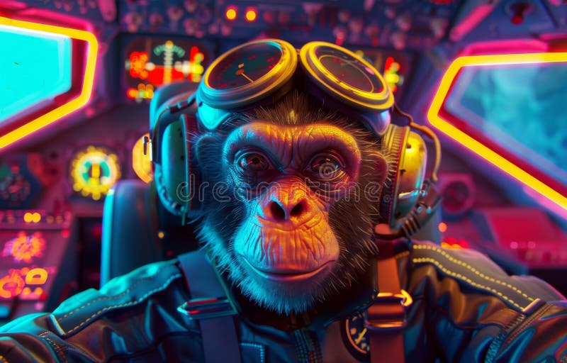 In the Cockpit of a Neon Jet a Focused Monkey in Aviator Goggles Dials ...