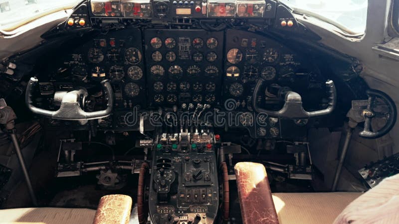 The Cockpit of an Old Passenger Plane. Panorama from Top To Bottom. the ...