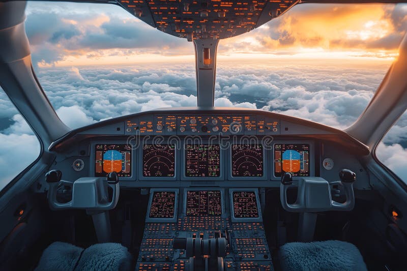 Cockpit Perspective Shows Controls and Screens Illuminated by Sunset ...