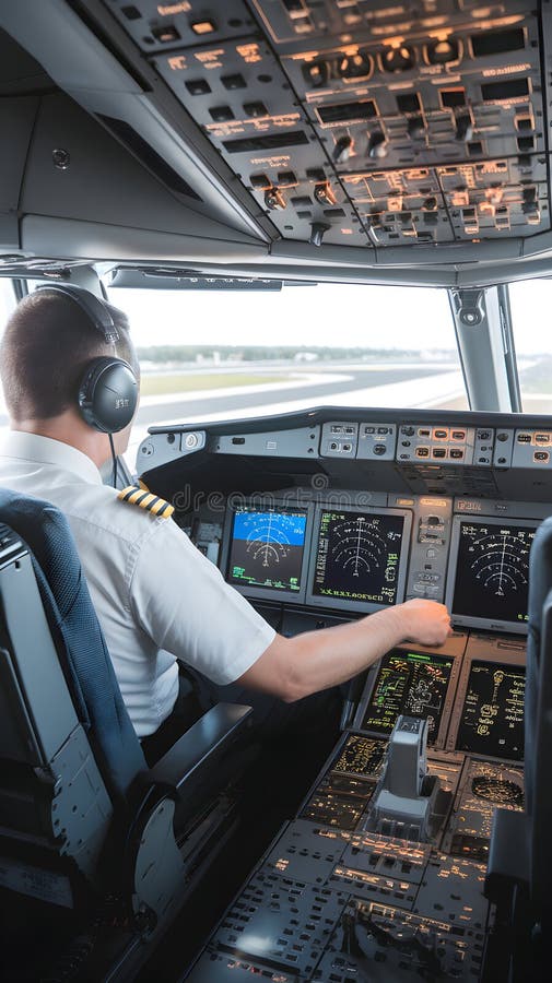 Cockpit with Pilot Surrounded by Screens and Dials, Runway Visible ...