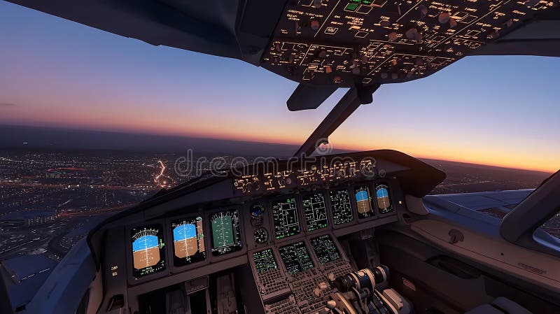The Cockpit of a Plane is Lit Up with the Sun Setting in the Background ...