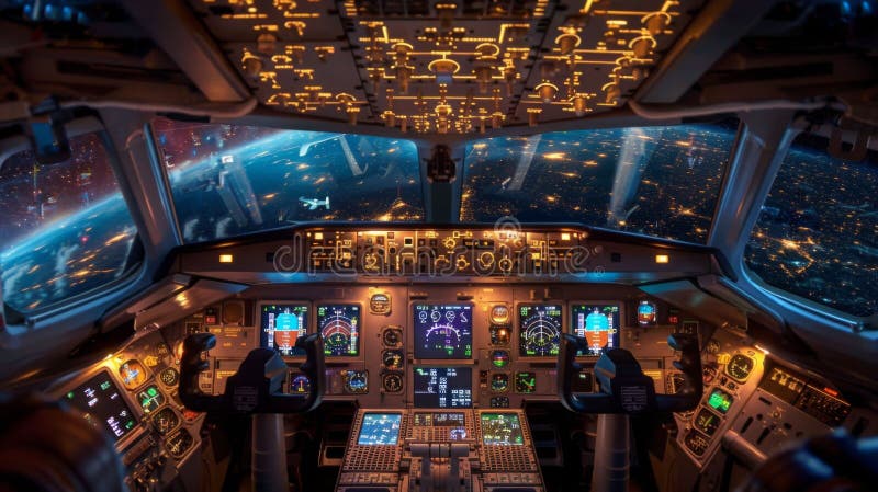 The Cockpit of a Plane is Shown with a View of the Ground Stock Photo ...