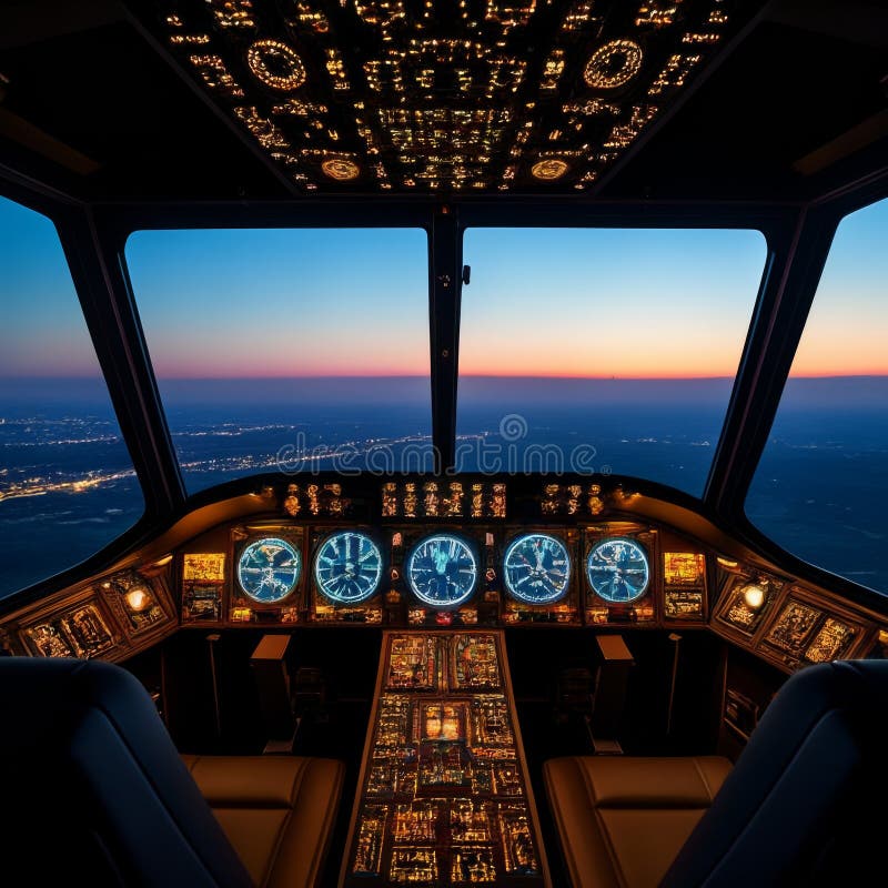 Cockpit of a Plane with a View of the City at Sunset Stock Illustration ...