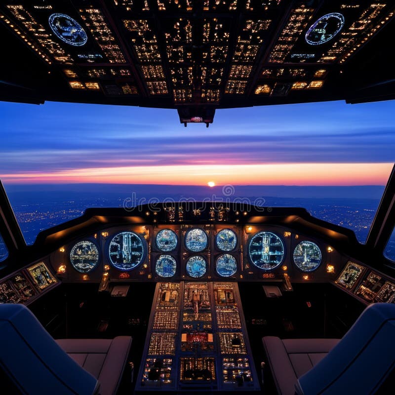 Cockpit of a Plane with a View of the City at Sunset Stock Illustration ...