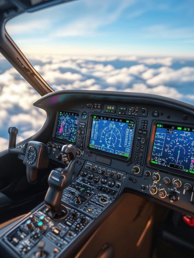 Cockpit of a Private Jet Soaring Above Fluffy Clouds during a Bright ...