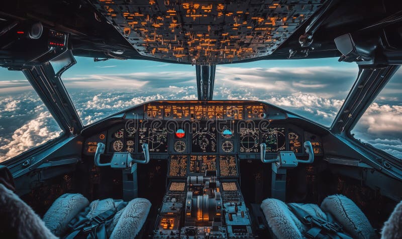 Cockpit View of Aircraft Above Clouds, Detailed Instrument Panel ...