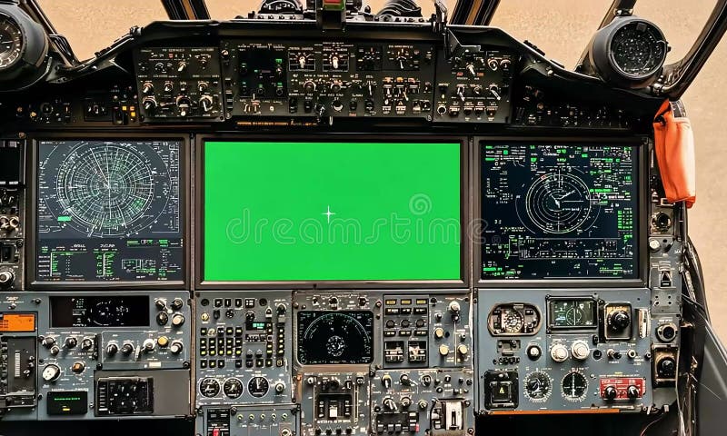 Cockpit View of an Aircraft with a Green Screen Display, Showcasing ...