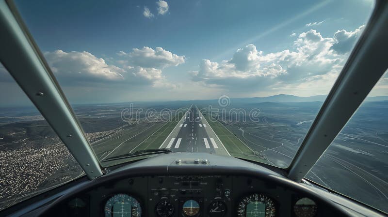 Cockpit View of an Airplane Approaching a Runway, with a Clear Sky and ...