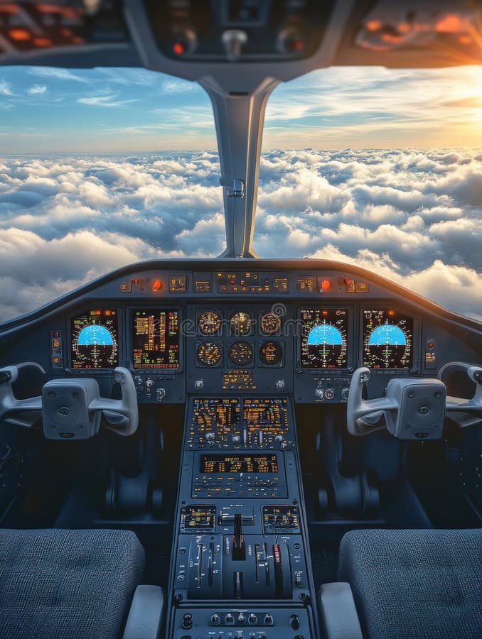 Cockpit View of an Airplane Flying Above Fluffy Clouds during Sunset ...