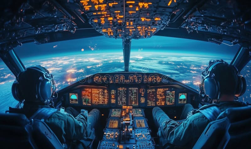 Cockpit View of Astronauts Piloting Spacecraft Above Earth, Illuminated ...