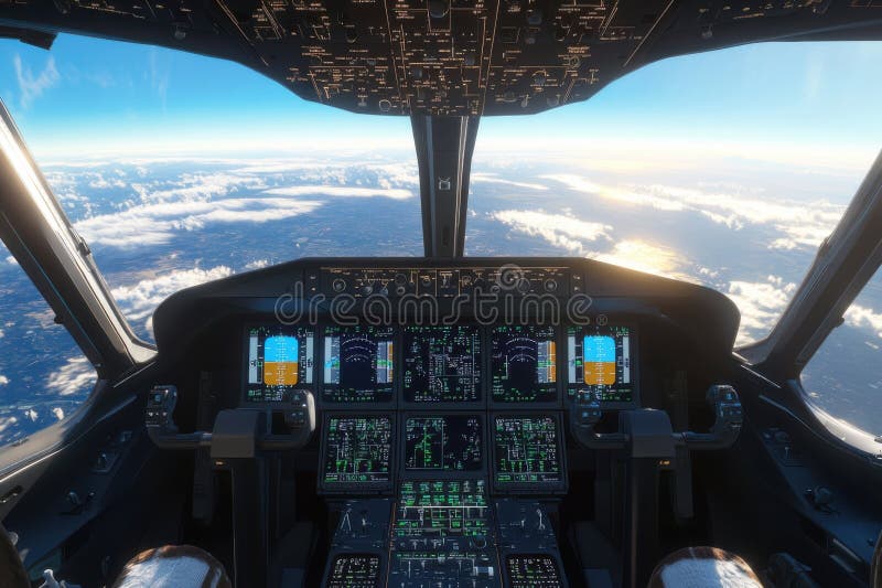 Cockpit View of a Commercial Aircraft during Sunset Over Clouds Stock ...