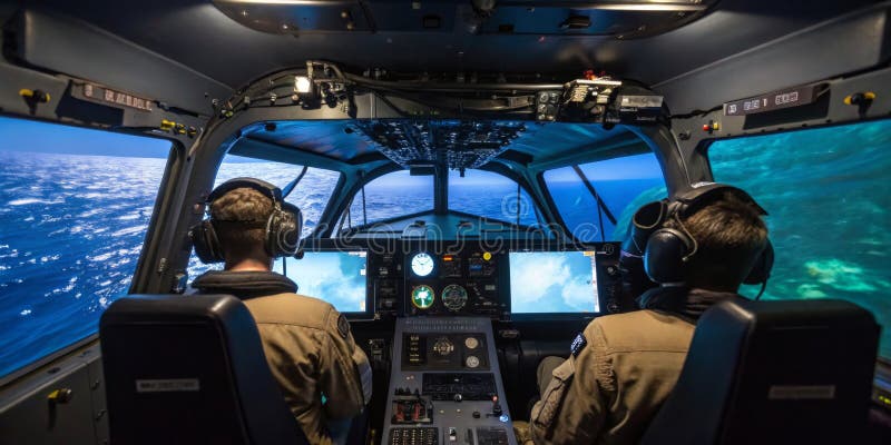 Cockpit View of Helicopter Pilots Navigating Over Ocean Waters during a ...