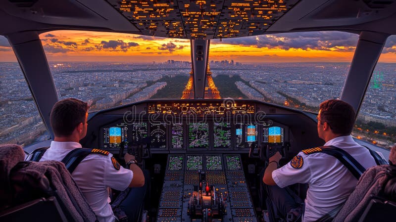 The Cockpit View from Inside a Modern Airplane, Showing Pilots in ...
