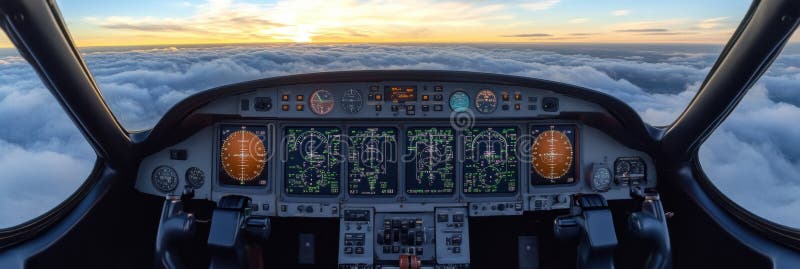 Cockpit View of a Jet Approaching Sunset Over Clouds while Flying at ...