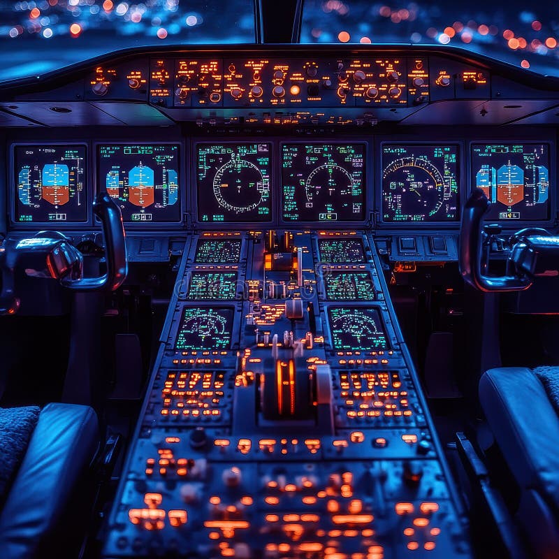 Cockpit View at Night with Display Panels and Control Instruments Stock ...