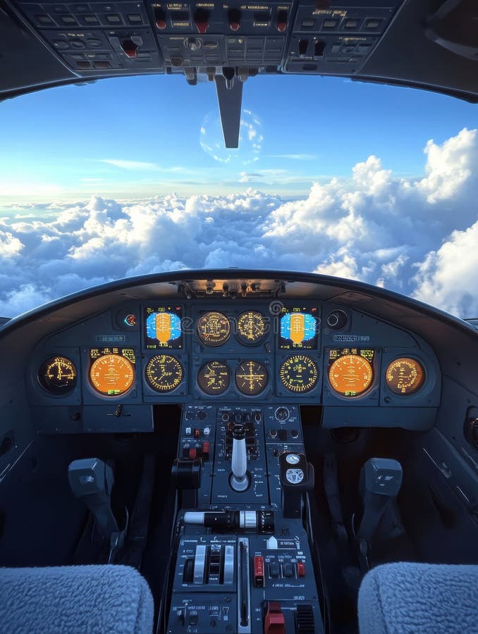 Cockpit View Overlooking Clouds during a Daytime Flight with Instruments and Controls in Focus ...